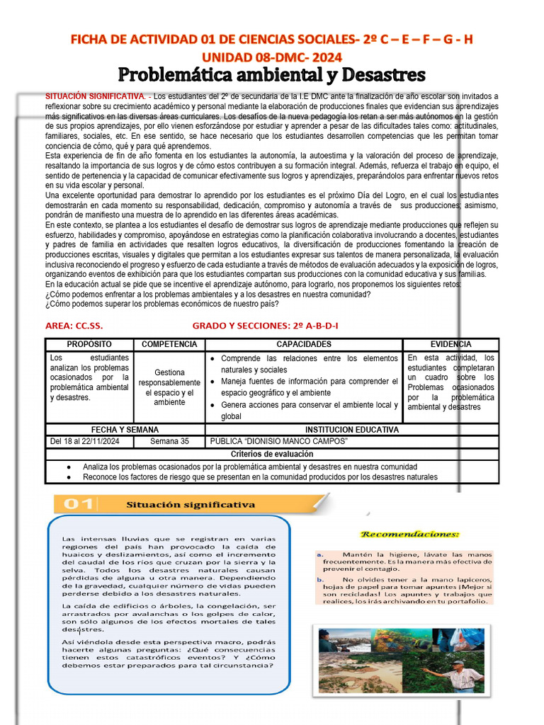 FICHA #01-2ºCCSS.-Unid.08-Sem35-IVBim-DMC-2024 | PDF | Riesgo | Aprendizaje