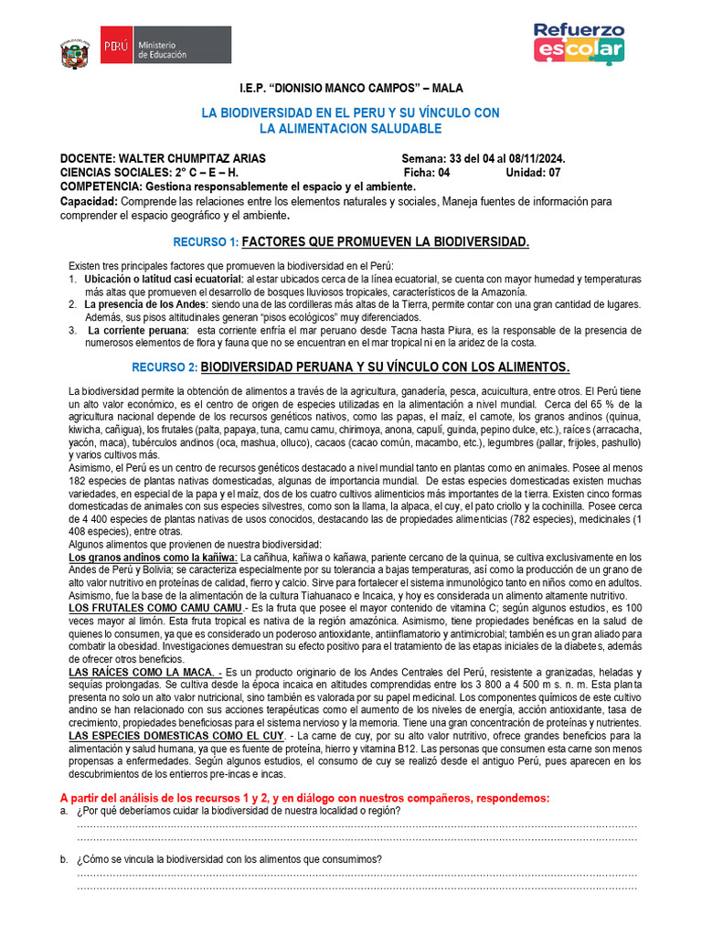Ficha04-2ºCC - SS-Sem33-Refuerzo Escolar-Unid07-DMC-2024. | PDF | Nutrición | Dieta y nutrición