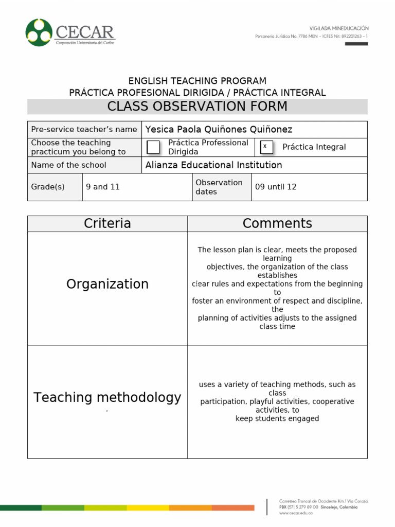 Class Observation Form 2 | PDF | Teaching Method | Lesson Plan