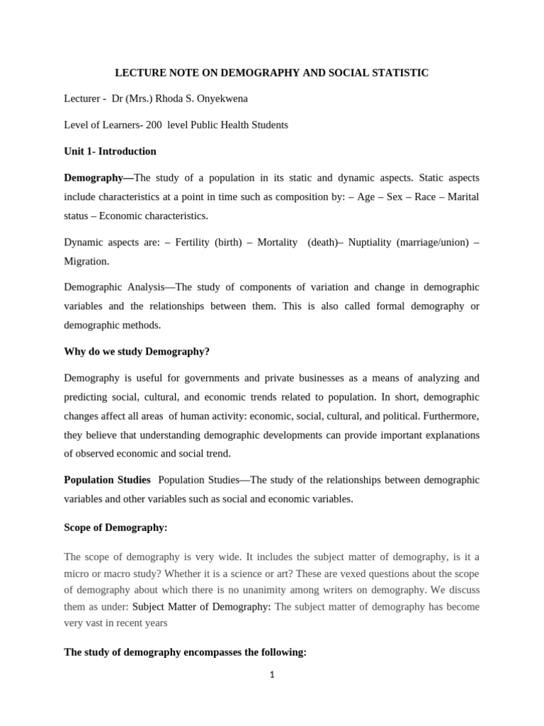 Lecture Note On Demography and Social Statistics | PDF | Demography | Science