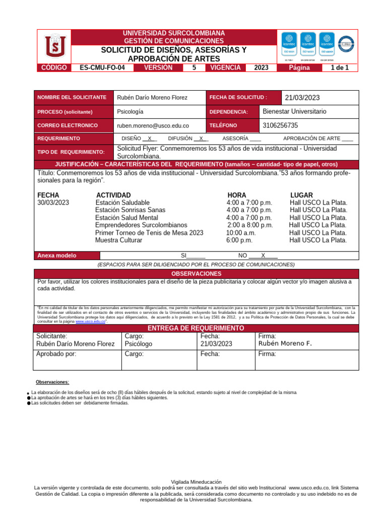 Es-Cmu-Fo-04 Solicitud de Diseño, Difusión, Asesoria y Aprobación de ...