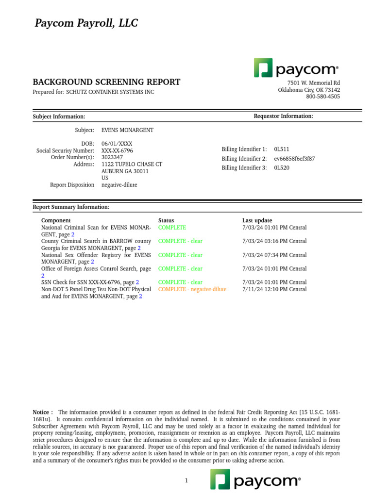 Paycom Background Screening Report | PDF | Credit Score | Credit History