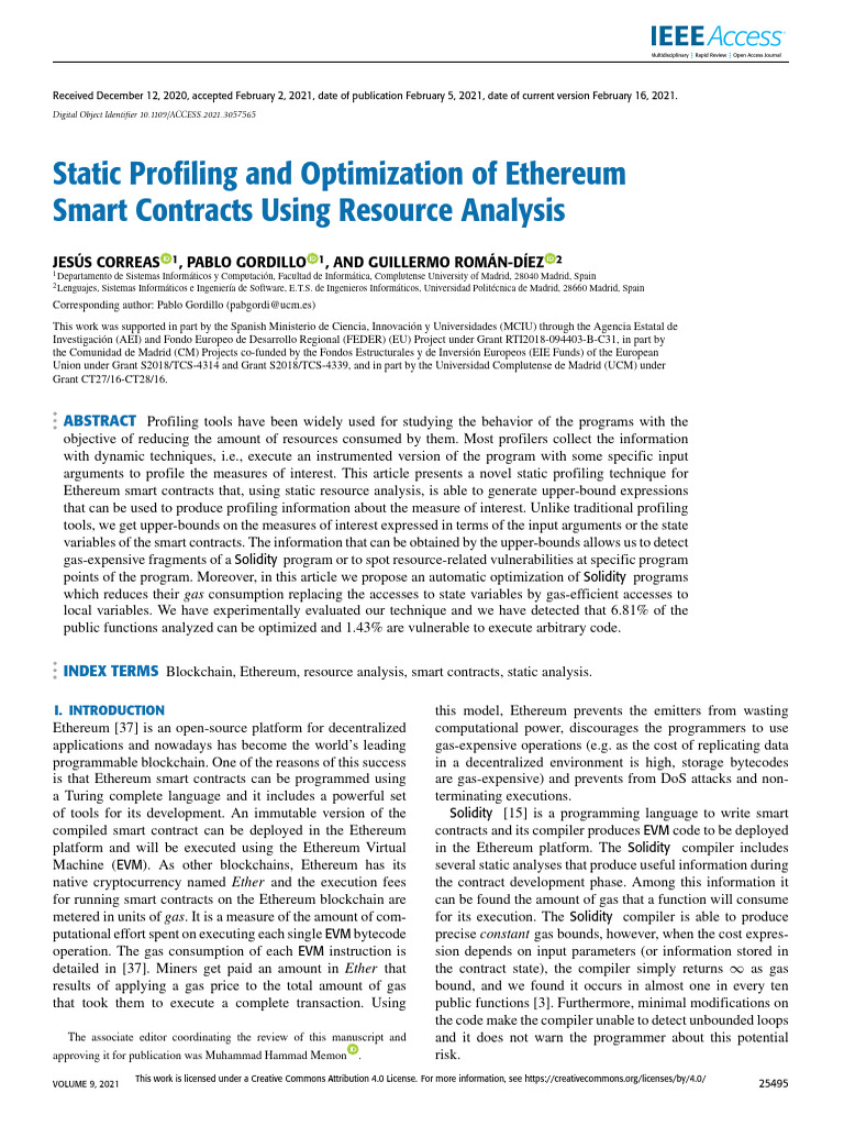 Static Profiling and Optimization of Ethereum Smart Contracts Using Resource Analysis | PDF ...