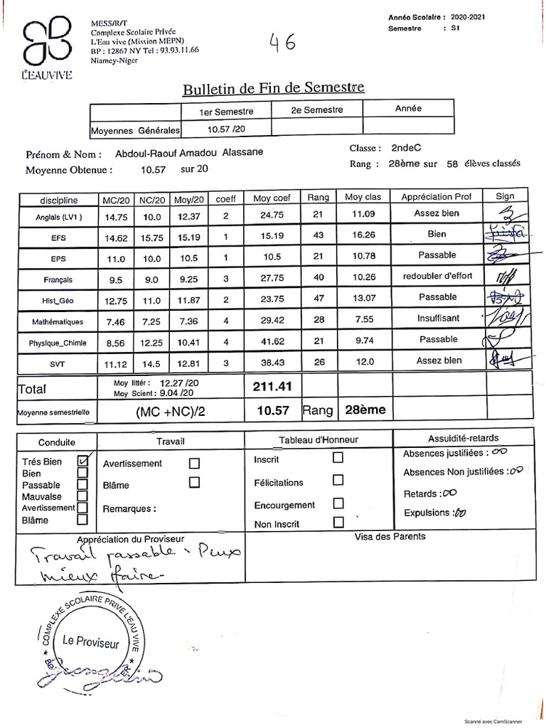 Bulletin Du Premier Et Deuxième Semestre de Seconde - 1 | PDF