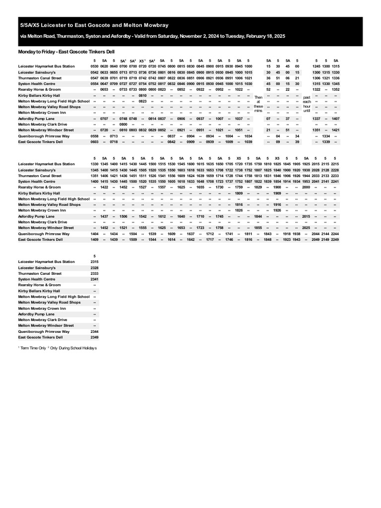 5/5A Bus Timetable: Leicester to Melton | PDF