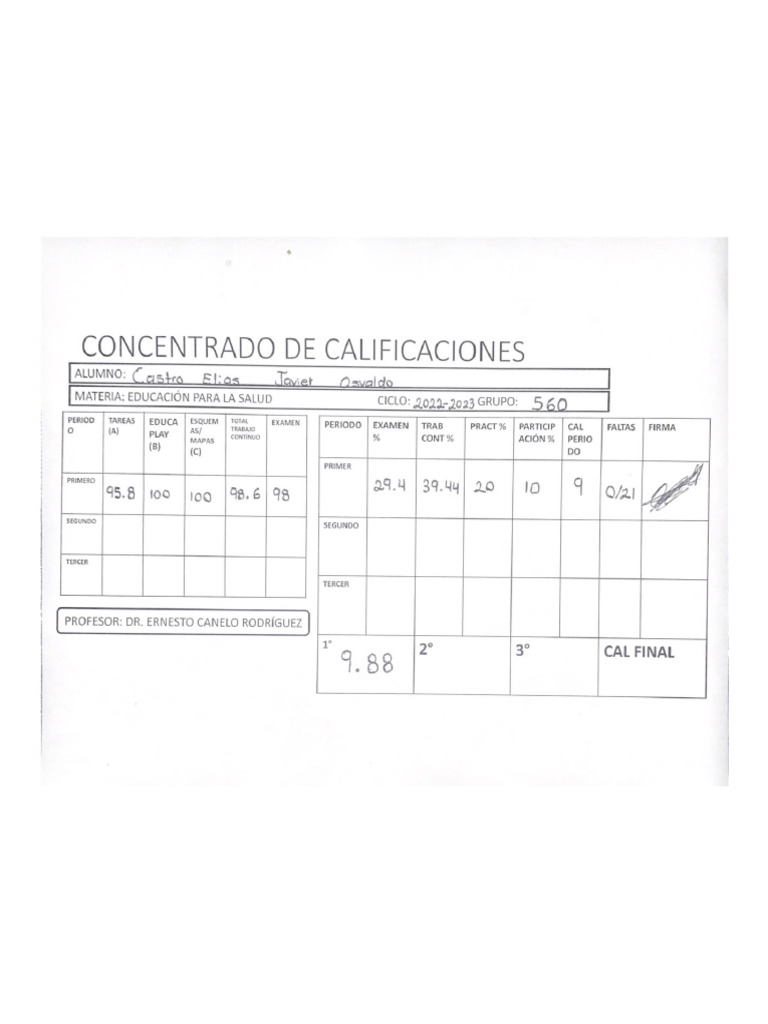 Concentrado Calificaciones - Castro Elias Javier | PDF