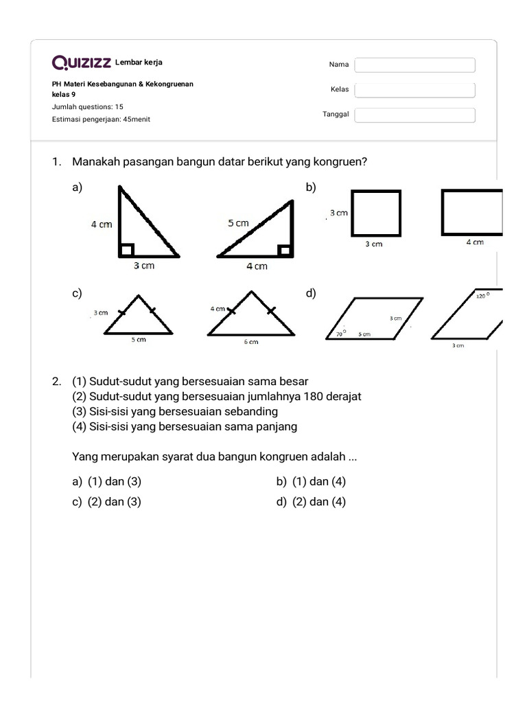 PH Materi Kesebangunan & Kekongruenan Kelas 9 - Quizizz | PDF