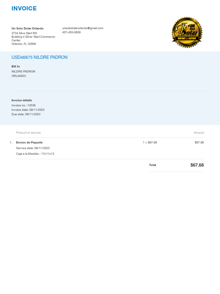 Invoice 74536 From Un Solo Dolar Orlando | PDF