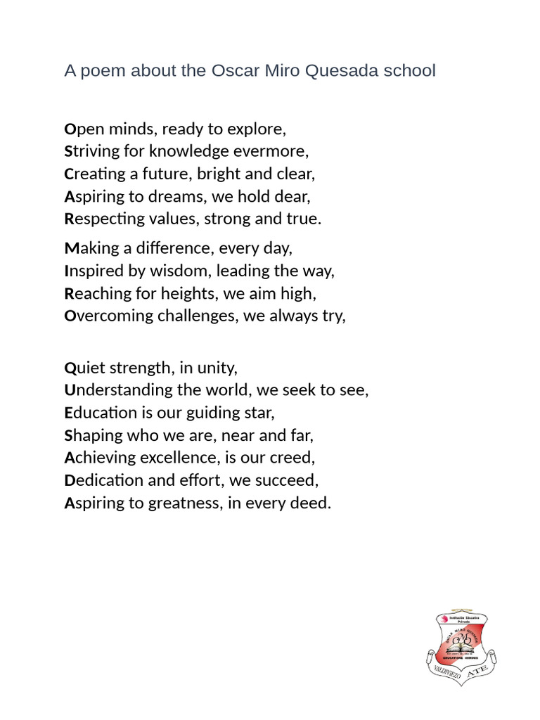 A Poem About The Oscar Miro Quesada School | PDF