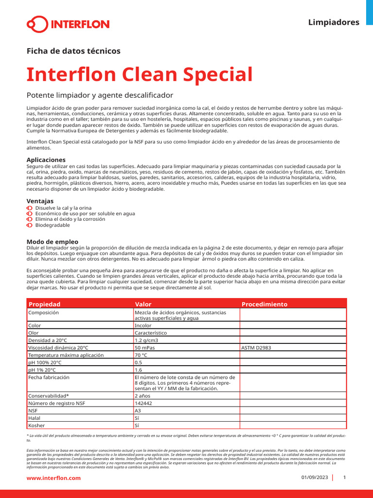 8338 - TDS - CO - Es - Interflon - Clean - Special7222024112050 AM | PDF | Lima (Material) | Agua