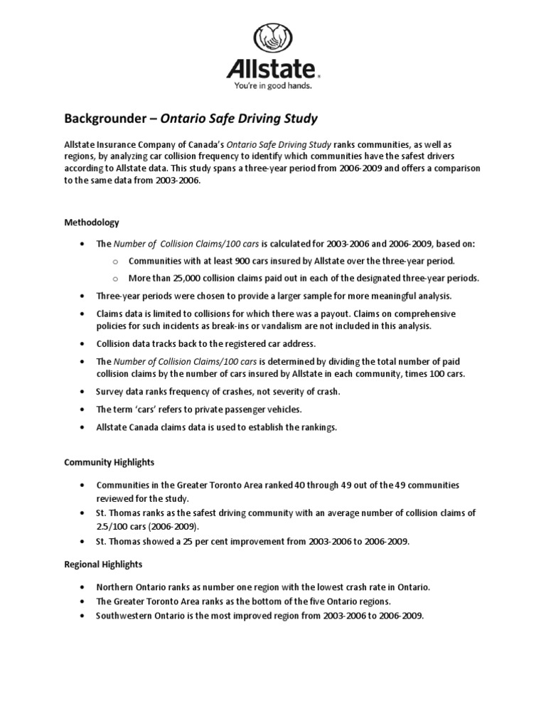 Backgrounder - Ontario Safe Driving Study: Methodology | PDF | Allstate ...