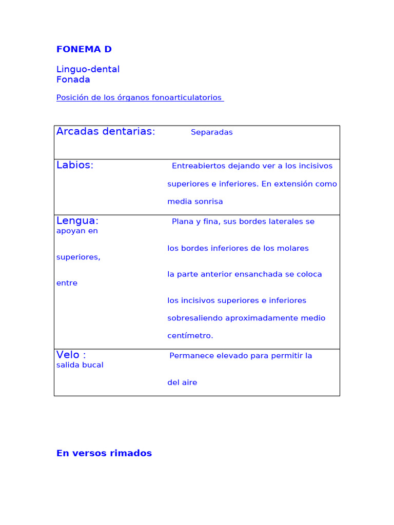 Fonema D: Articulación y Versos | PDF