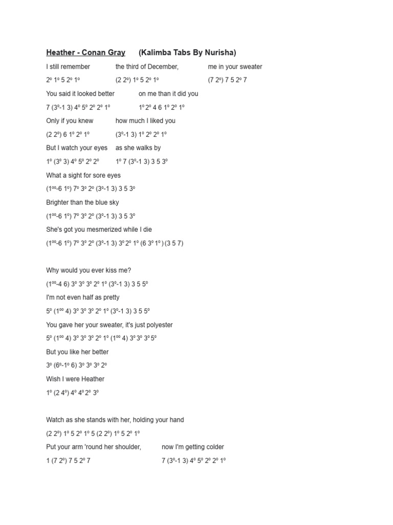 Heather - Conan Gray - (Kalimba Tabs by Nurisha) | PDF | Language Arts ...