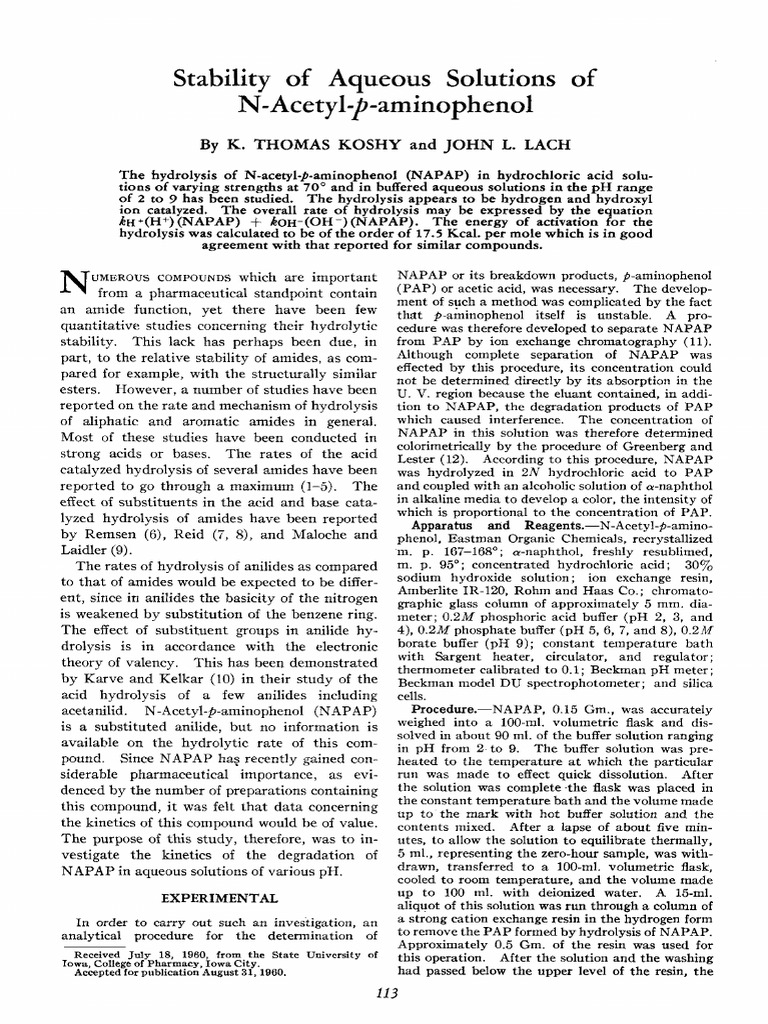 Koshy1961Hidrólisis Acetaminofén en SLN | PDF | Acid | Ph