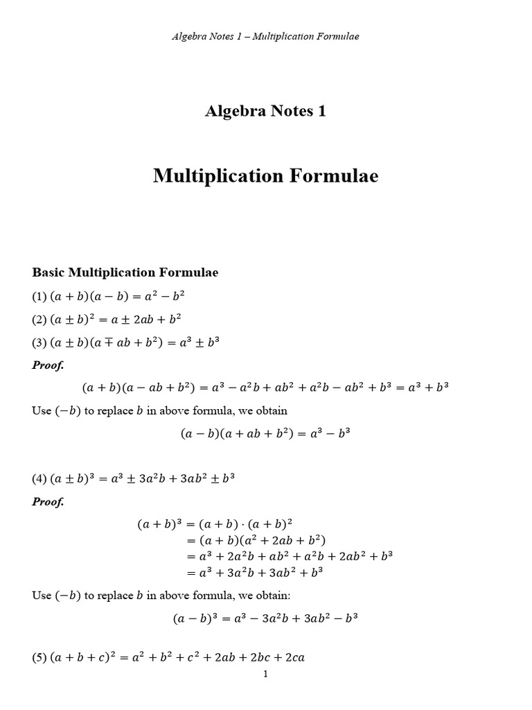 Algebra Multiplication Formulae Guide | PDF | Mathematics | Elementary ...