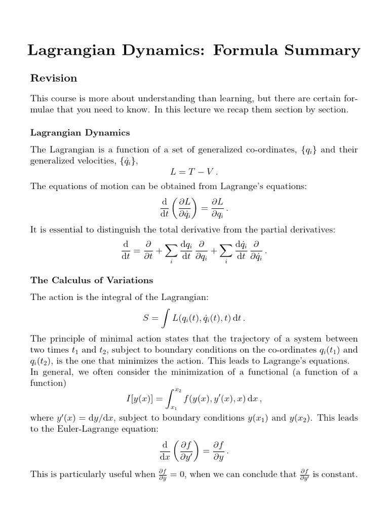 2 Lecture Revision Summary | PDF | Hamiltonian Mechanics | Lagrangian Mechanics