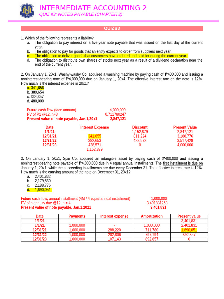 Ia2 Quiz3 Notes Payable | PDF | Present Value | Discounting