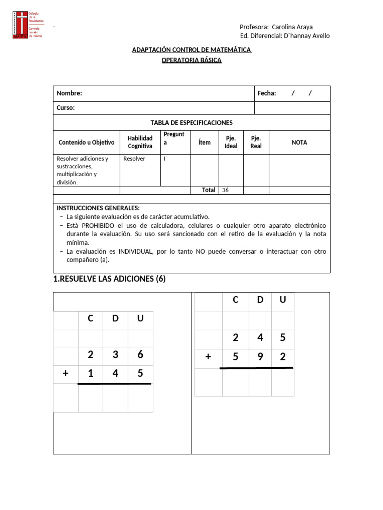 Operatoria Básica Pia Pizarro | PDF | Matemáticas
