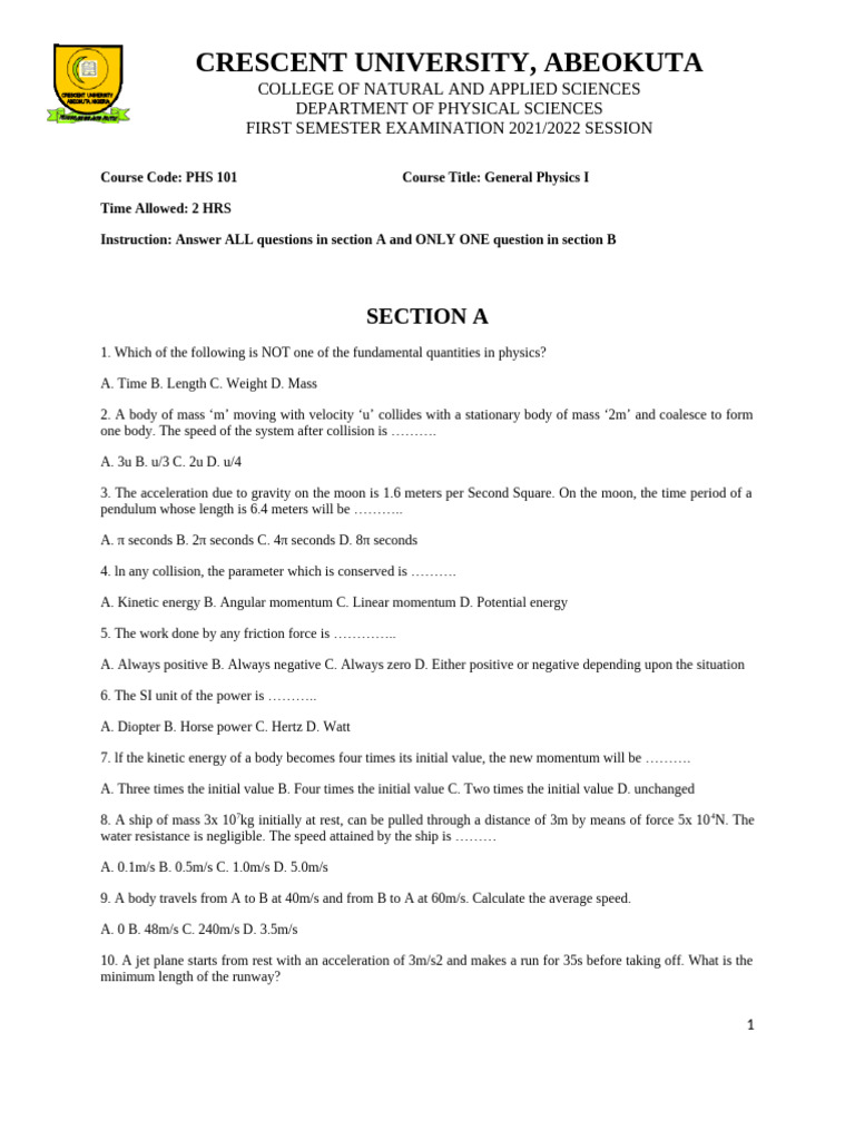 2021-2022 PHS 101 First Semester Exams Questions | PDF | Force | Gases