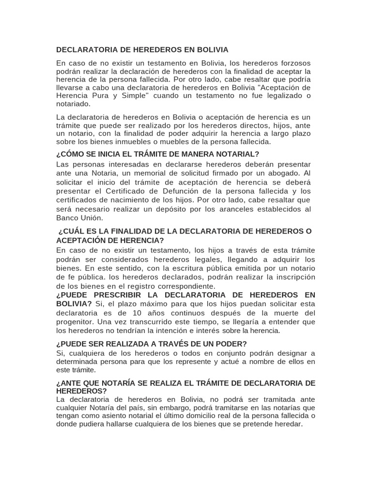 Declaratoria de Herederos en Bolivia | PDF
