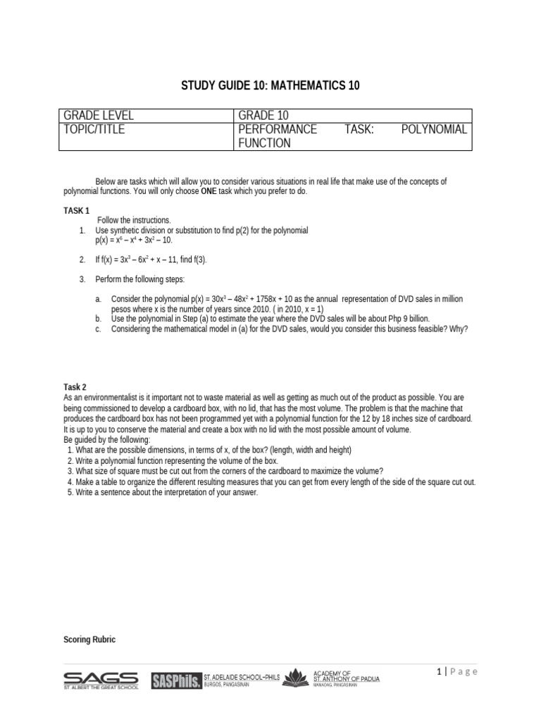 Grade 10 Polynomial Tasks Guide | PDF | Mathematics | Applied Mathematics