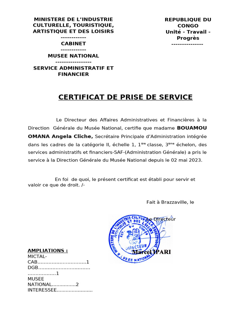 Certificat de Prise de Service 2023 | PDF | Sciences et mathématiques