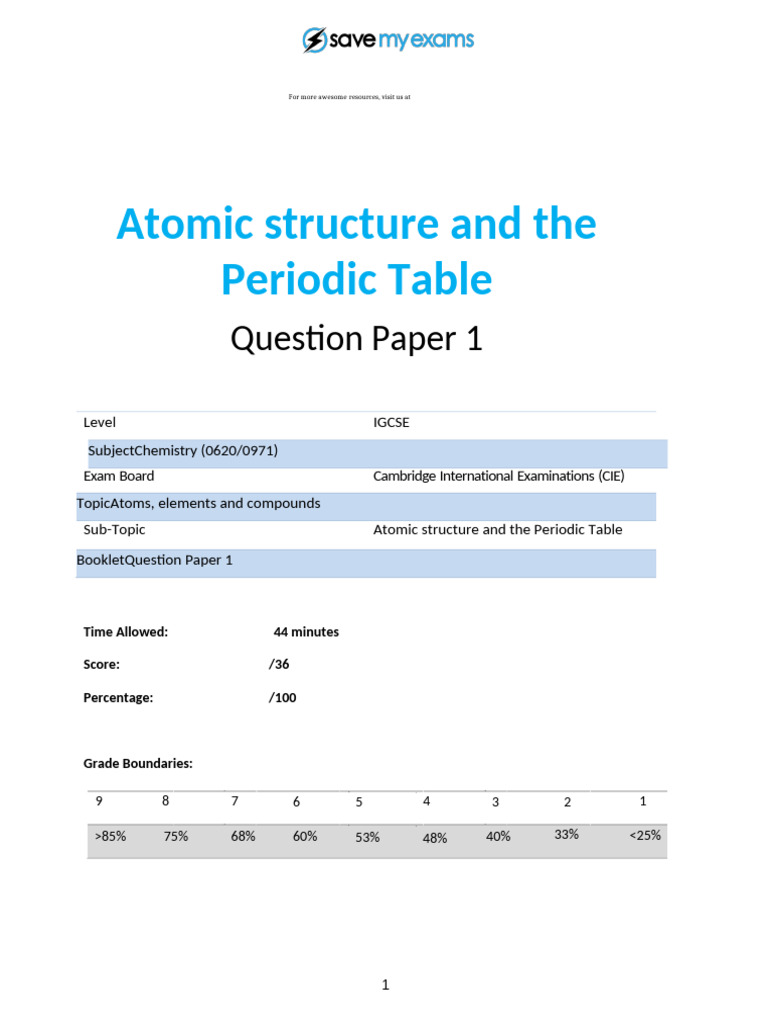 IGCSE Atomic Structure Exam Questions | PDF | Standardized Tests ...