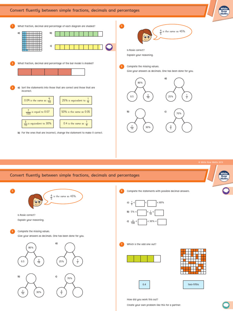 Y7 Autumn Block 5 D8 Convert Fluently Between Simple Fractions Decimals ...