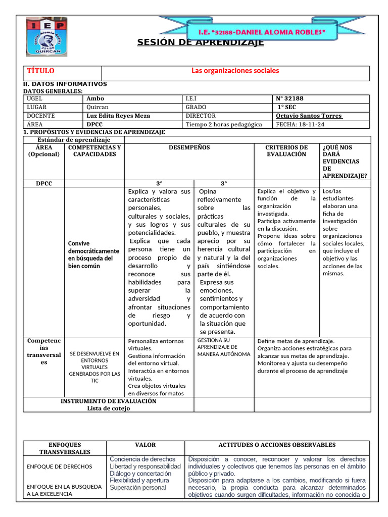 Sesión de Aprendizaje DPCC 1° 18-11-24 | PDF | Aprendizaje | Maestros