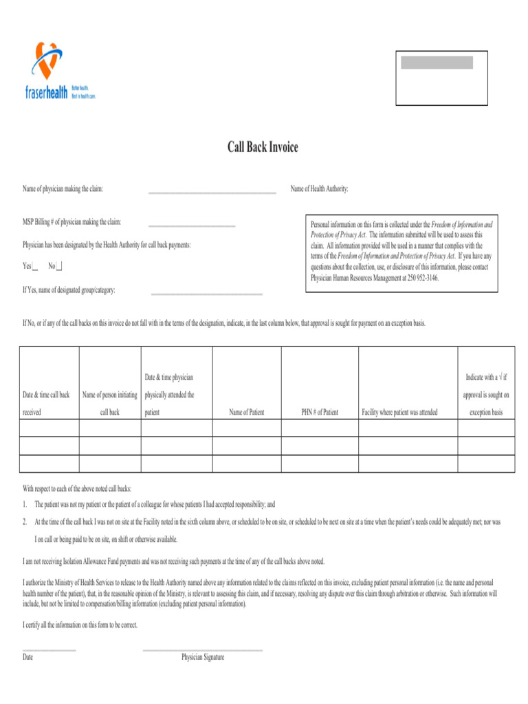 Call Back Invoice and Verification Form | PDF | Health Care | Patient