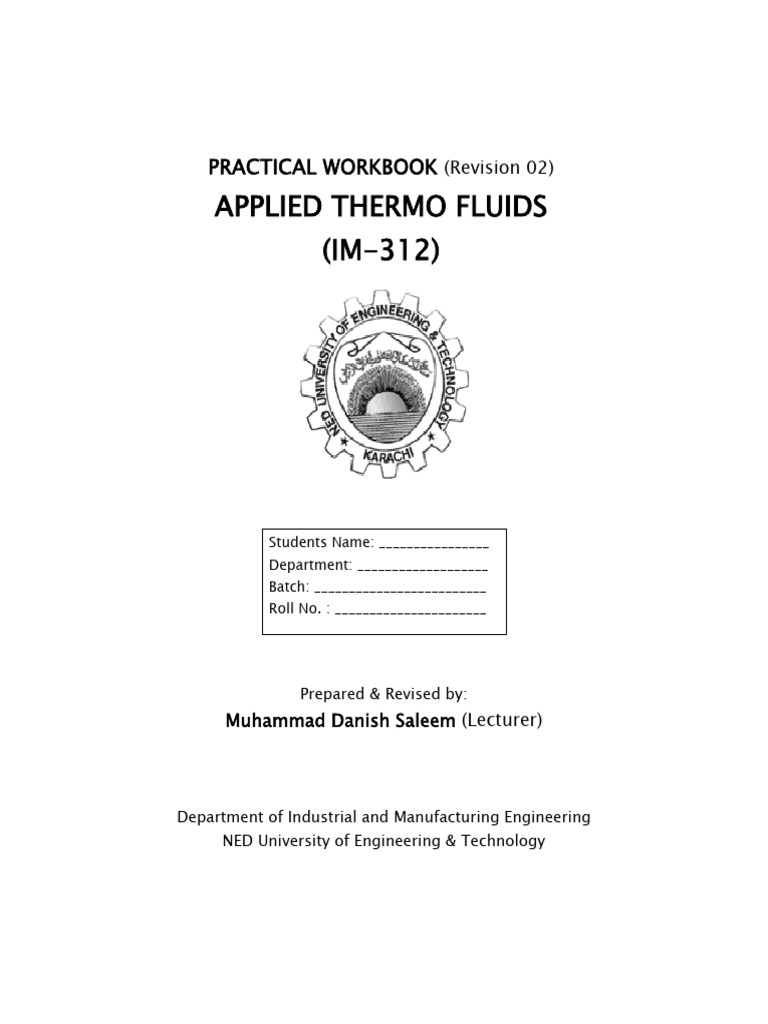 Work Book of Applied Thermo Fluids (IM-312) | PDF | Pump | Reynolds Number