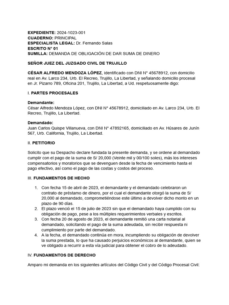 Demanda Derecho de Obligaciones | PDF | Demanda judicial | Justicia