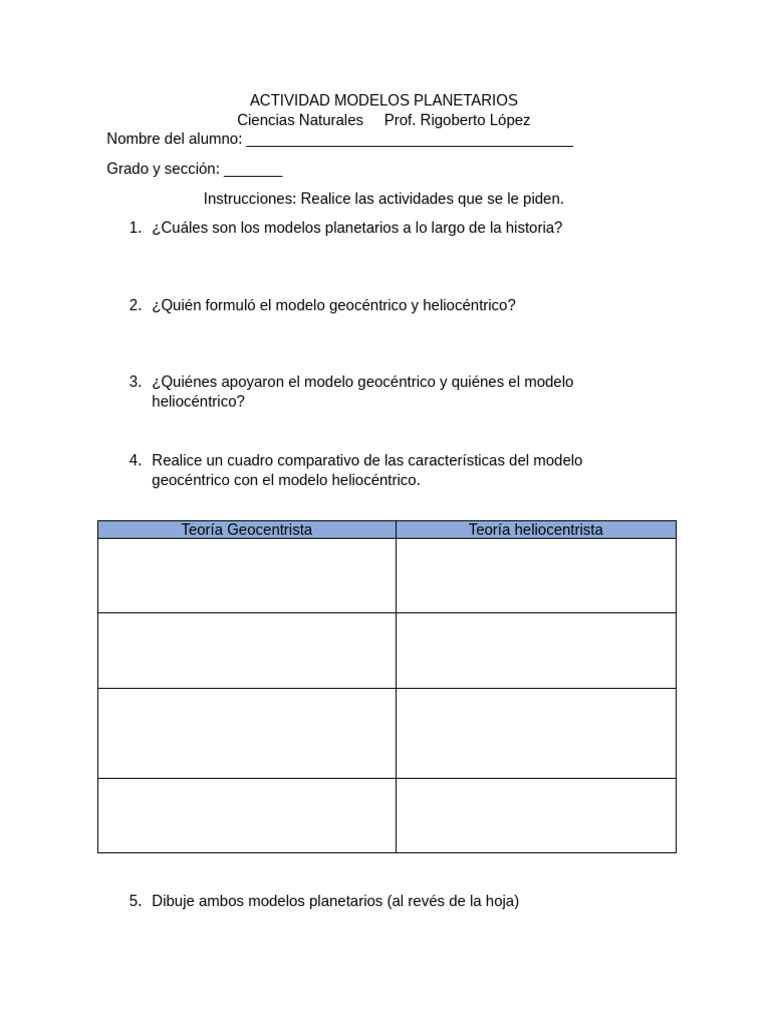 Actividad Modelos Planetarios | PDF | Ciencia y matemáticas