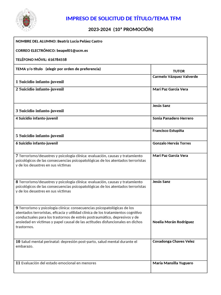 Impreso de Elecciã N Del Tema y Tutor de TFM | PDF | Suicidio | Depresión (estado de ánimo)