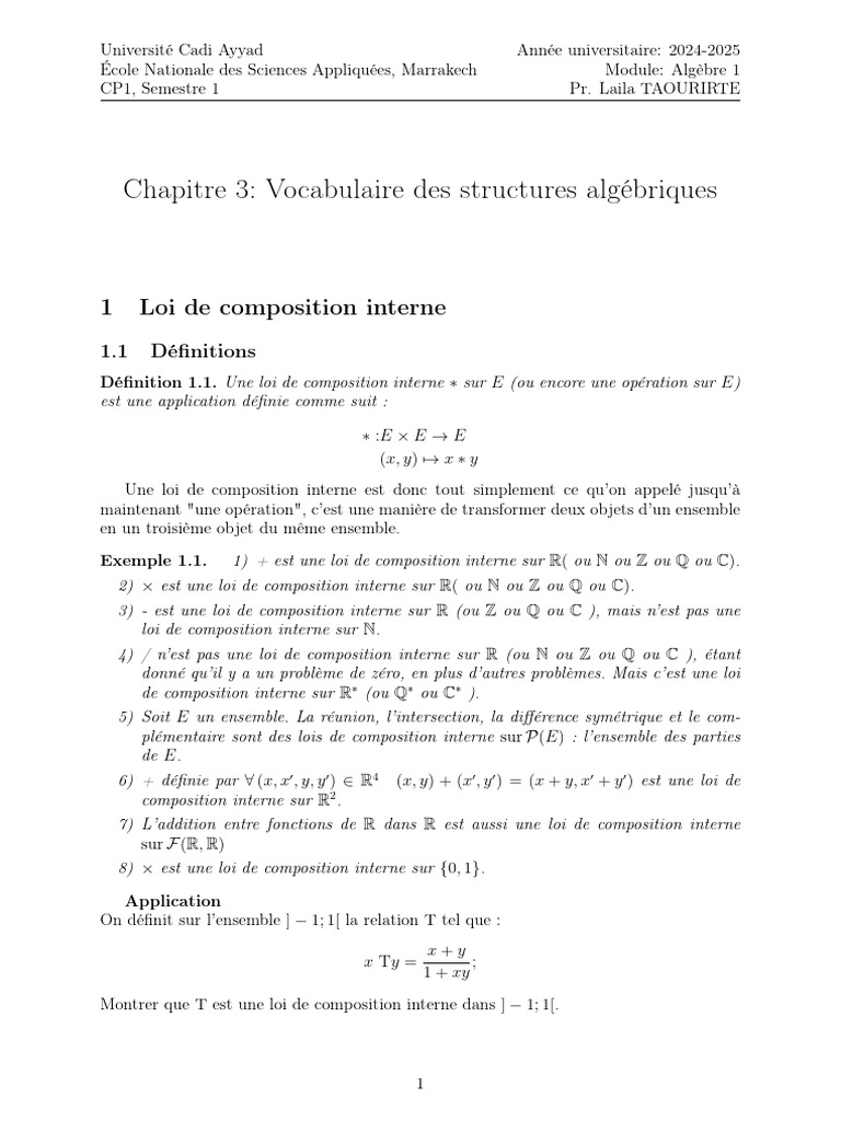Algèbre 1 : Lois de composition internes | PDF | Structures ...