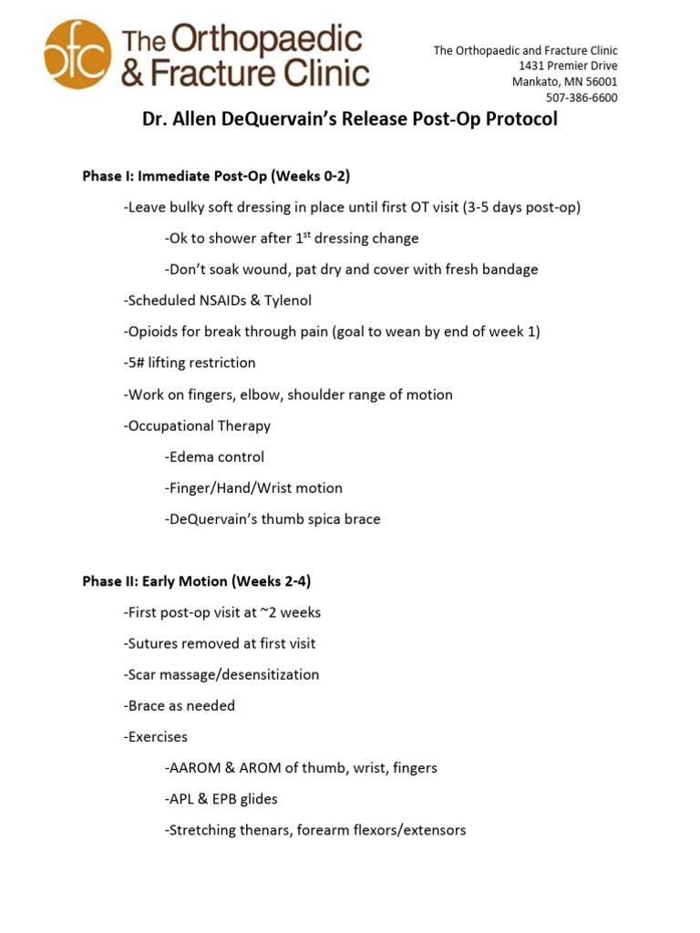 DeQuervain's Release Post-Op Protocol | PDF