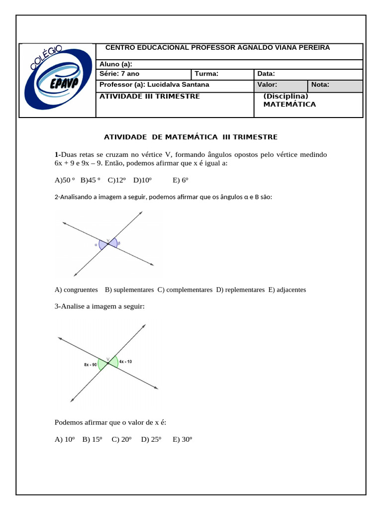 Atividade de Angulos 7 Ano | PDF