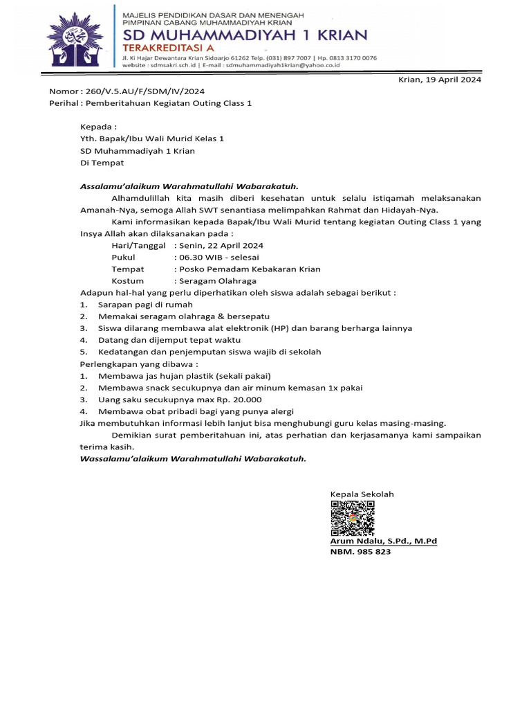 Surat Pemberitahuan Outing Class 1 Damkar | PDF