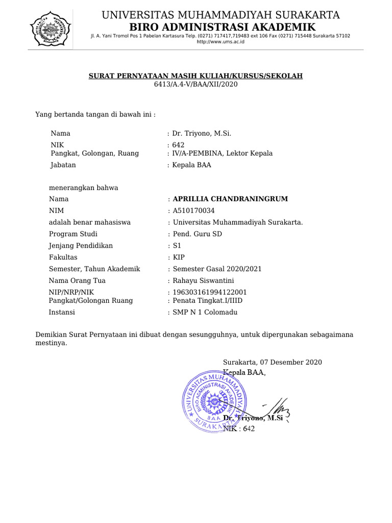 Surat Keterangan Aktif Kuliah UMS | PDF