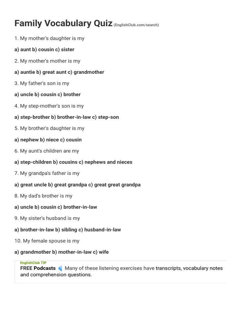Family Vocabulary Quiz - Vocabulary - EnglishClub | PDF