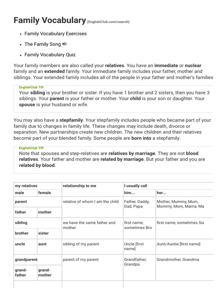Family Vocabulary - Vocabulary - EnglishClub | PDF | Family | Grandparent