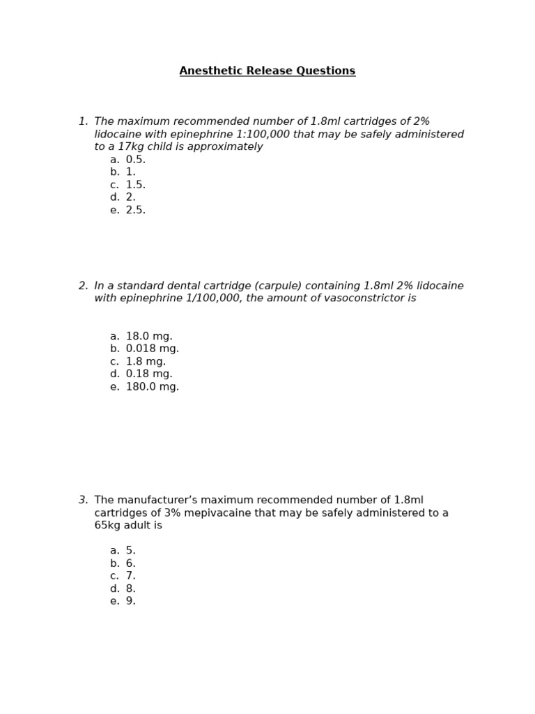 Anesthetic Release Questions NDEB | PDF