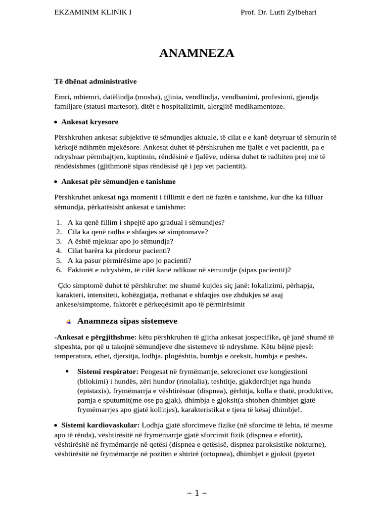 Anamneza Ekzaminim Kl. I | PDF