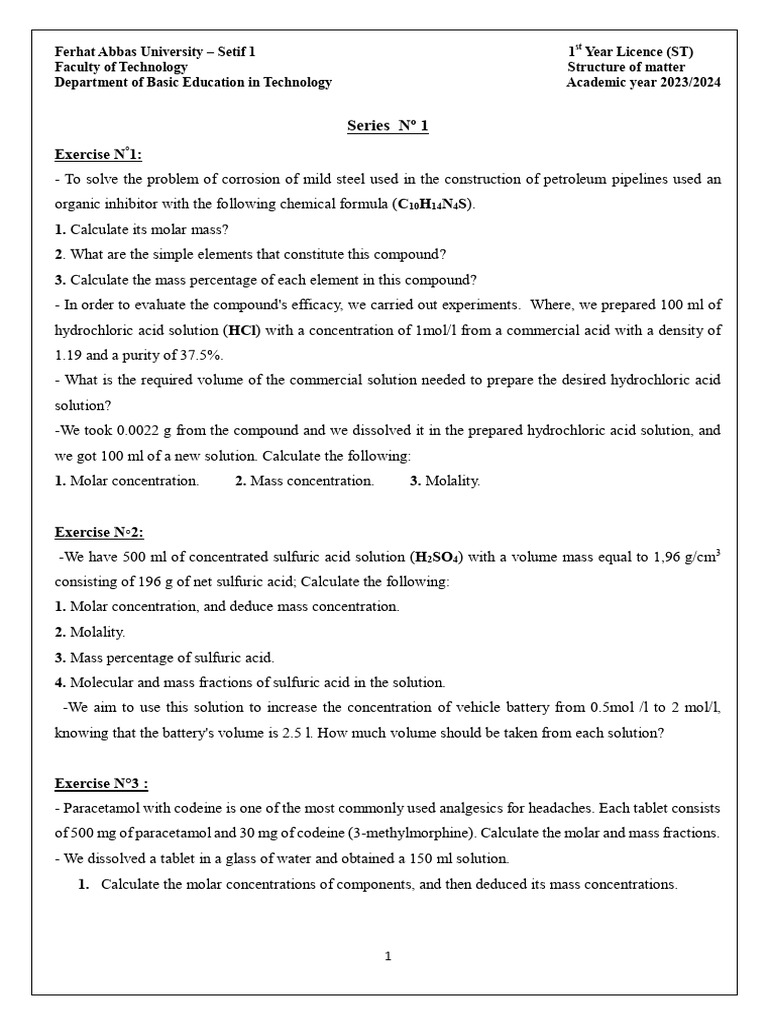 Exercise Series No. 1 Structure of Matter | PDF | Mole (Unit ...