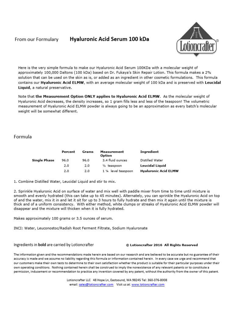 Hyaluronic Acid Serum 100 Kda | PDF | Water | Chemistry