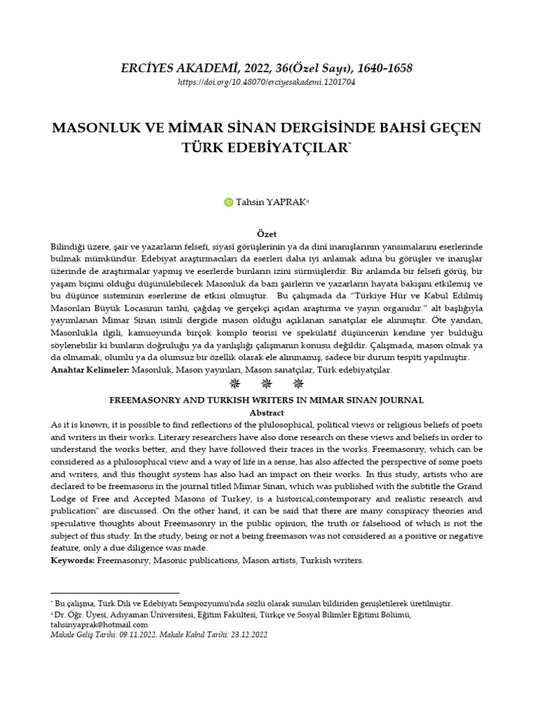Masonluk Ve Mimar Sinan Dergisinde Bahsi | PDF