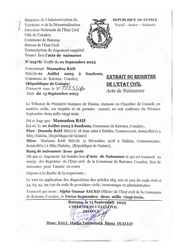 Extrait de Naissance | PDF