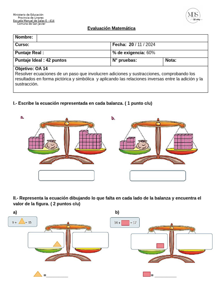 Evaluación Matemática Ecuaciones 4to Básico 1 | PDF