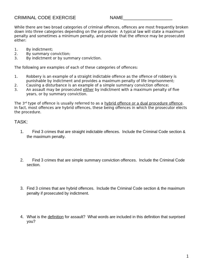Criminal Code Exercise Grade 11 Law | PDF | Indictment | Assault