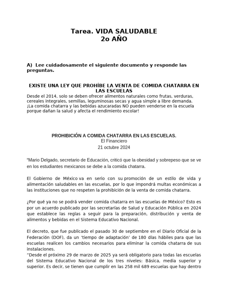 TAREA Word 2o AÑO | PDF | Alimentos | Comida chatarra